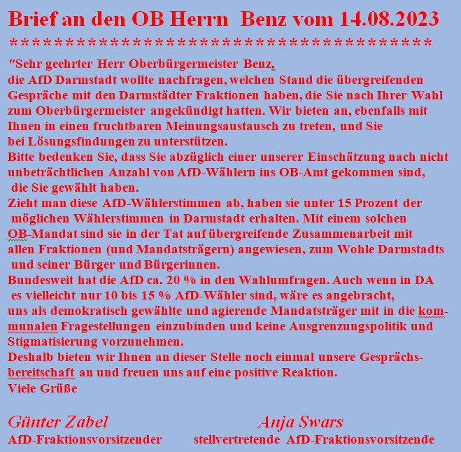 Unser Brief an den OB Herrn Benz vom 14.08.2023
